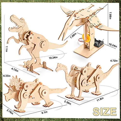 STEM Projects Kits for Kids Age 8-10-12, 4 in 1 3D Wooden Puzzles Dinosaur Craft for 6-8, Building Toys for Boys Ages 8-12, Wood Woodworking Model Kits, DIY Dino Robot Kit