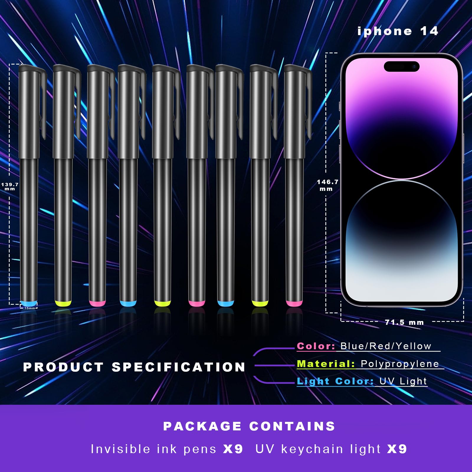 Daemson Invisible Ink Pen, Spy Pen with 9 PCS Mini UV LED Keychain Flashlight, Disappearing Ink Magic Pen with Black Light Markers for Secret Notes, Fit for Christmas Halloween Holiday Gifts (9 PCS)