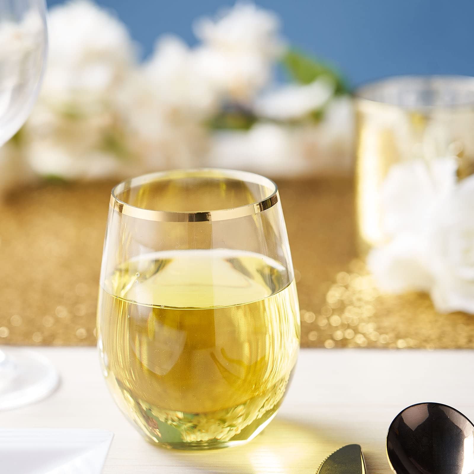 Efavormart 12 Pack - 14oz Clear Disposable Wine Glasses, Plastic Stemless Wine Tumbler with Gold Rim for Parties, Weddings, Picnics, Catered Events