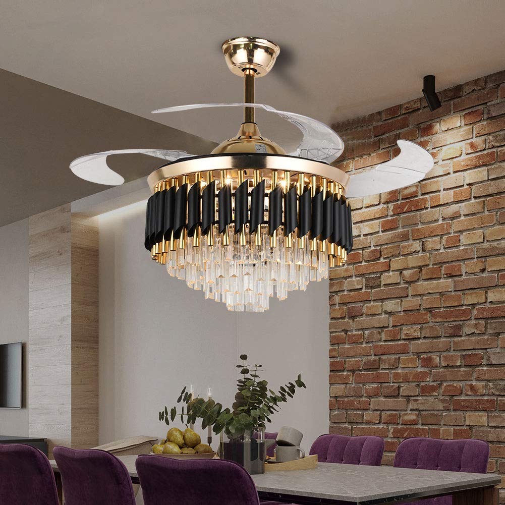 Fandian 42" Crystal Ceiling Fan with Light Remote Control Chandelier Retractable Fandelier, Luxury 3 Color Lighting for Dining Room, Living Room