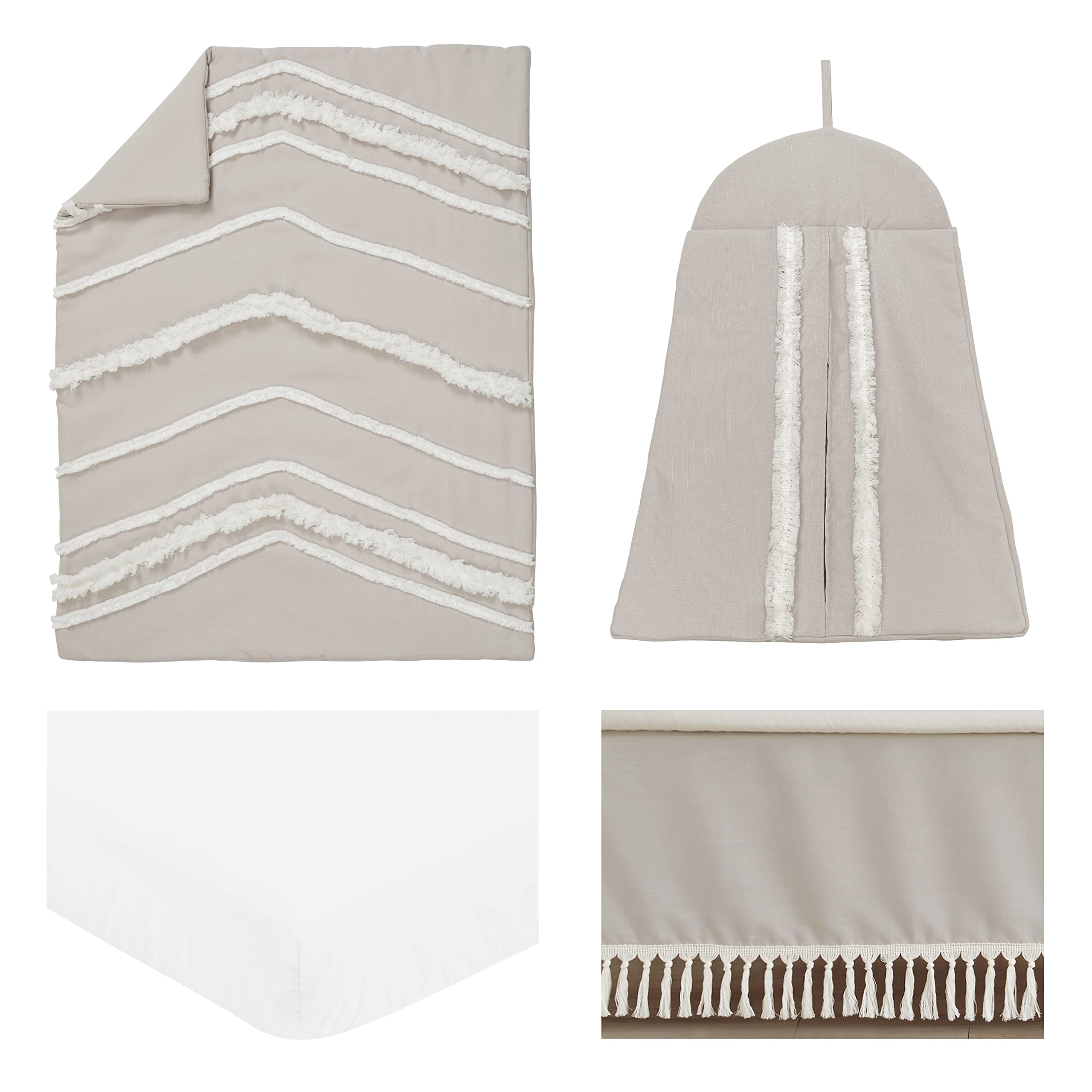 Sweet Jojo Designs Boho Bohemian Baby Boy Girl Nursery Crib Bedding Set - 4 pcs - Solid Taupe Beige Ivory Cream Off White Linen Farmhouse Shabby Chic Designer Modern Minimalist Tufted Tassel Macrame