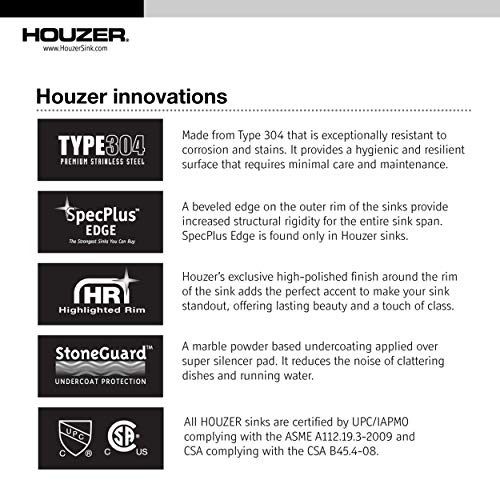 Houzer CS-1407-1 Club Series Undermount Medium Bowl Bar/Prep Sink