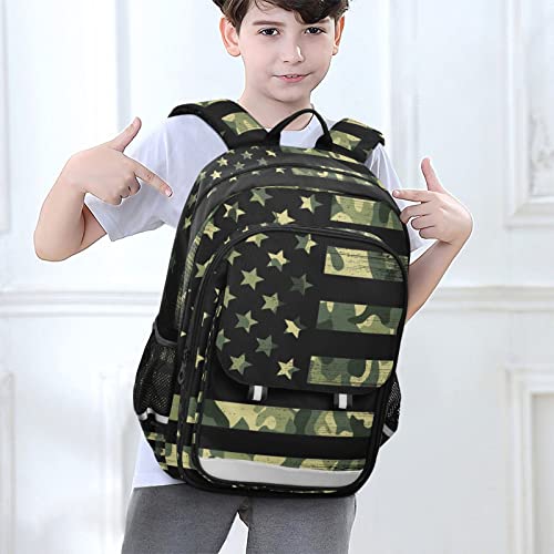 Vnurnrn Kids Backpack American Flag with Green Camo Print Big Storage Multi Pockets 17.7 IN School Backpack with Chest Buckle Reflective Strip for Boys Girls 6+ years in Primary Middle High School
