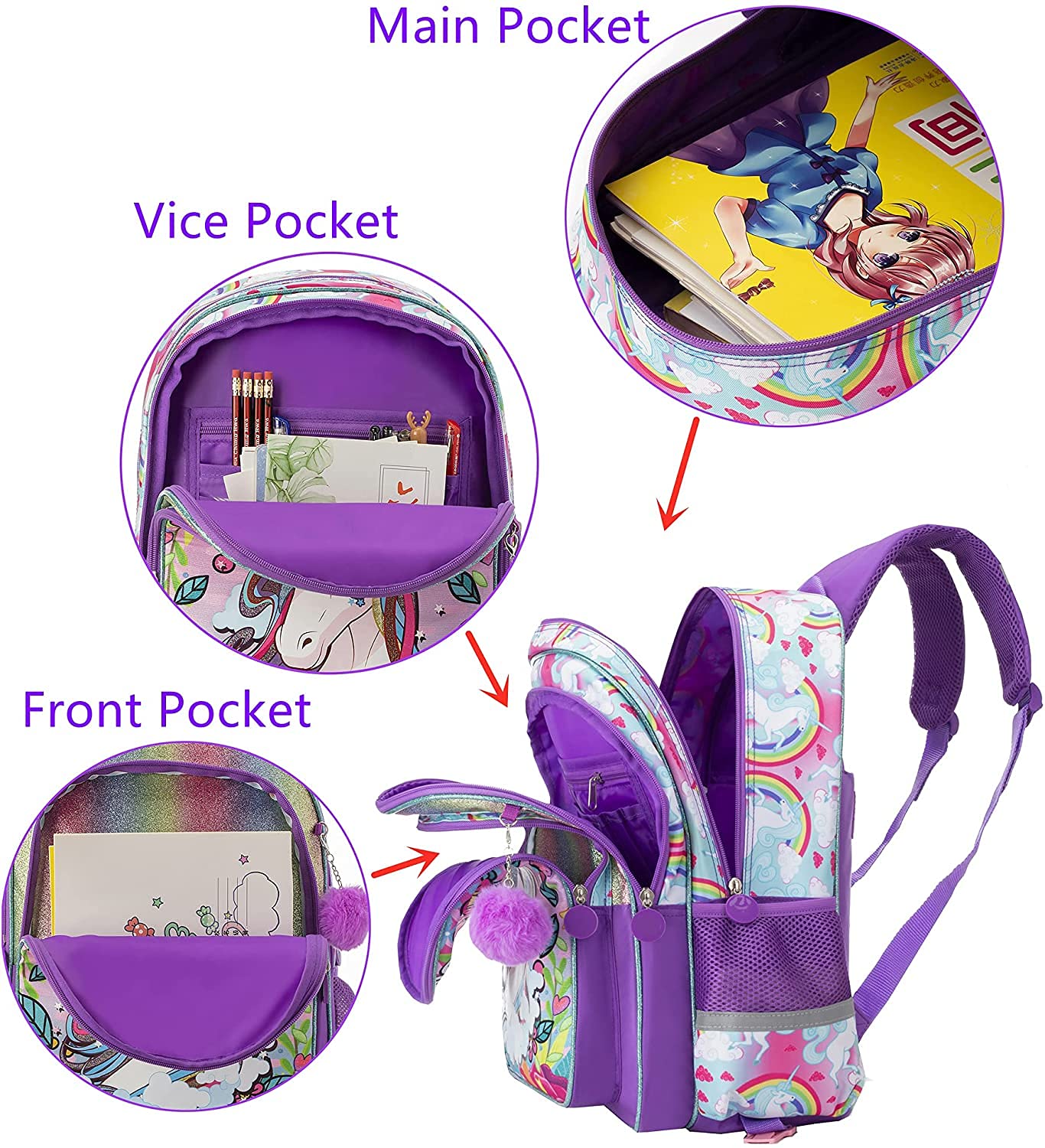 Egchescebo Kids Rolling School Backpack Bags for Girls With Wheels Trolley Roller Wheeled 5PCS With Lunch Box Cute Unicorn Pattern Rolling Backpacks Bags Girls Pink