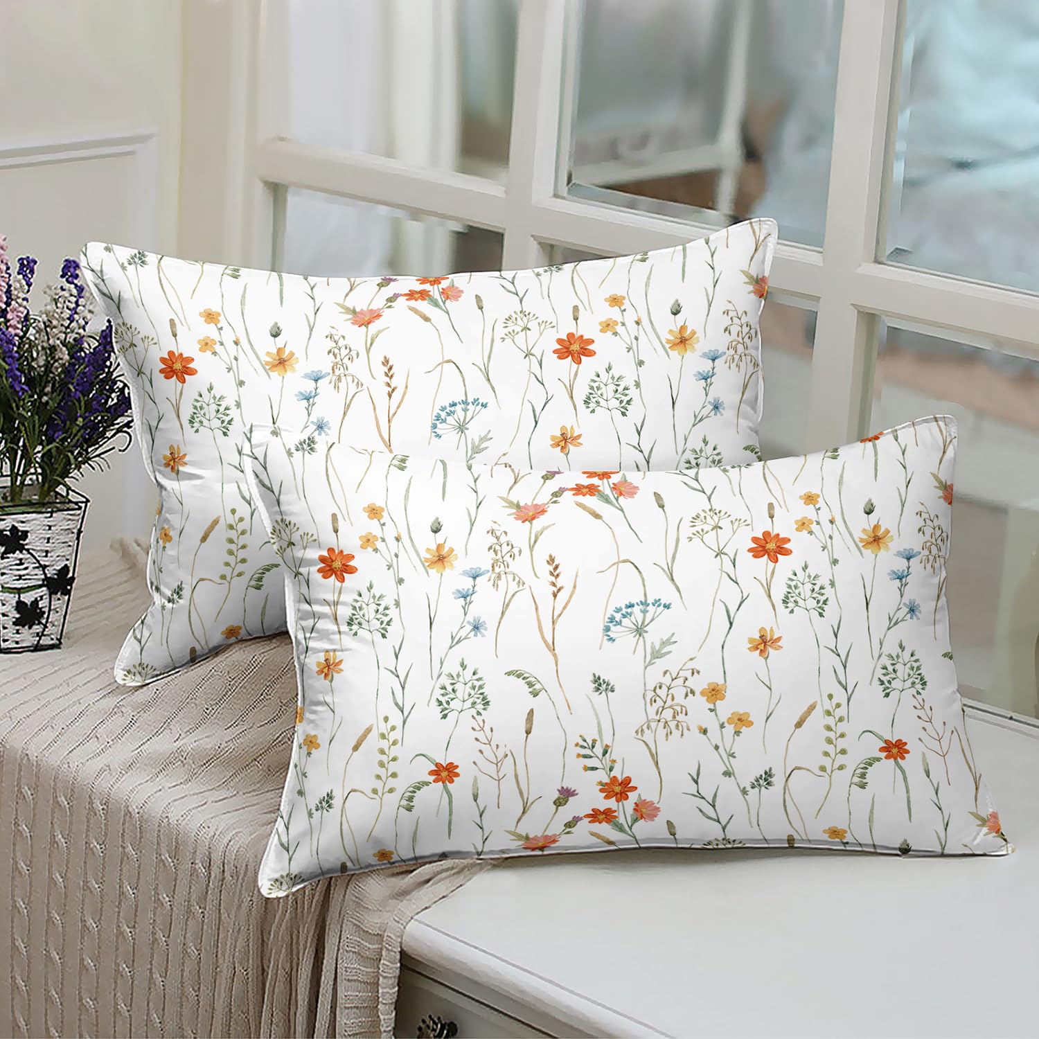 MULLEPP White Floral Duvet Cover Queen Size 3 Piece Farmhouse Yellow Botanical Flowers Leaf Pattern Microfiber Bedding Comforter Cover Set, Soft and Lightweight Quilt Cover for All Season