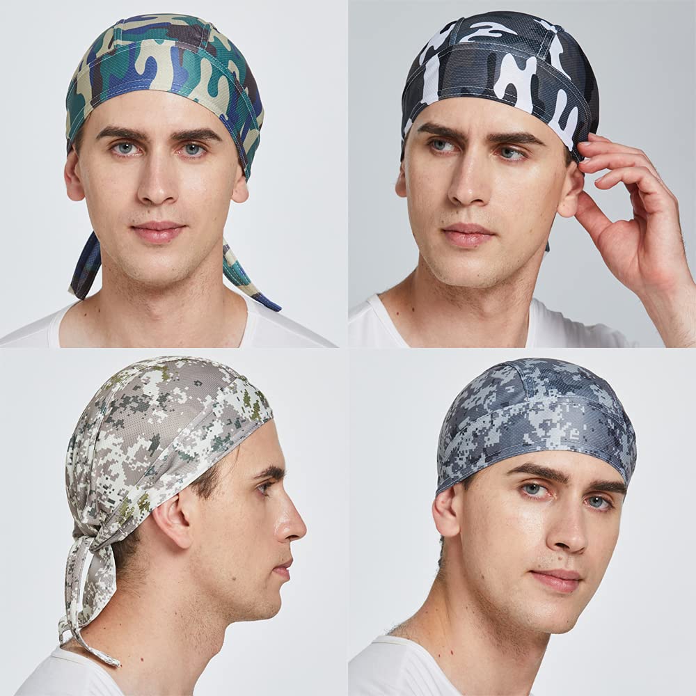 Dew Rags with Sweatband Skull Caps Built-in No Sweat Liners Moisture Absorbent Helmet Liner for Men Women 4 Pack