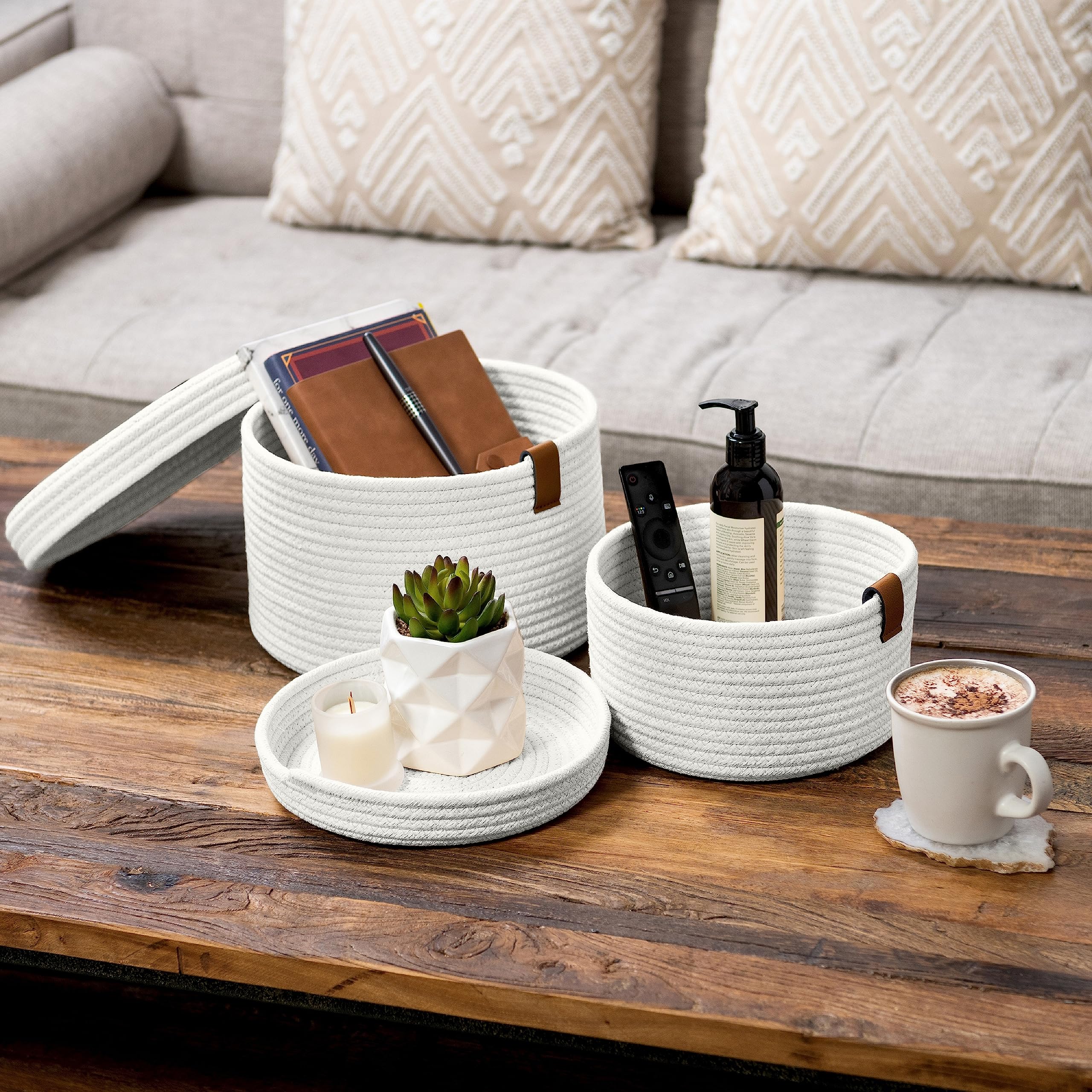 DENJA & CO Decorative Storage Basket Organizer Set of 3 and Round Baskets with Lids Set of 2 (Ivory White)