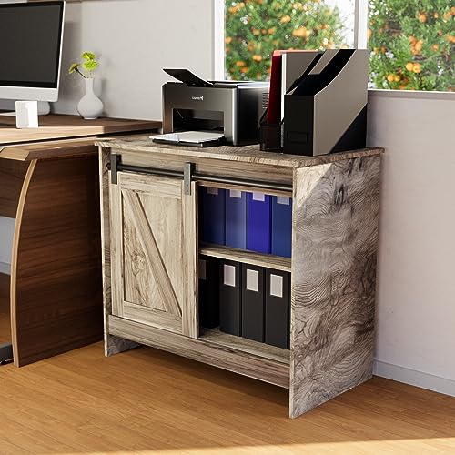 Landia Home Farmhouse Accent Cabinet, End Table, Modern Bed Side End Table with Barn Door and Shelf, Nightstand for Bedroom, Living Room, Grey