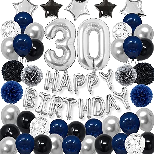 RBYOO 30th Blue Birthday Decorations for Men Boy Women Girl,Navy Blue Black Silver Happy Birthday Party Supplies with Pom Poms Flower Confetti Balloon 30 Foil Number Balloon and Happy Birthday Banner