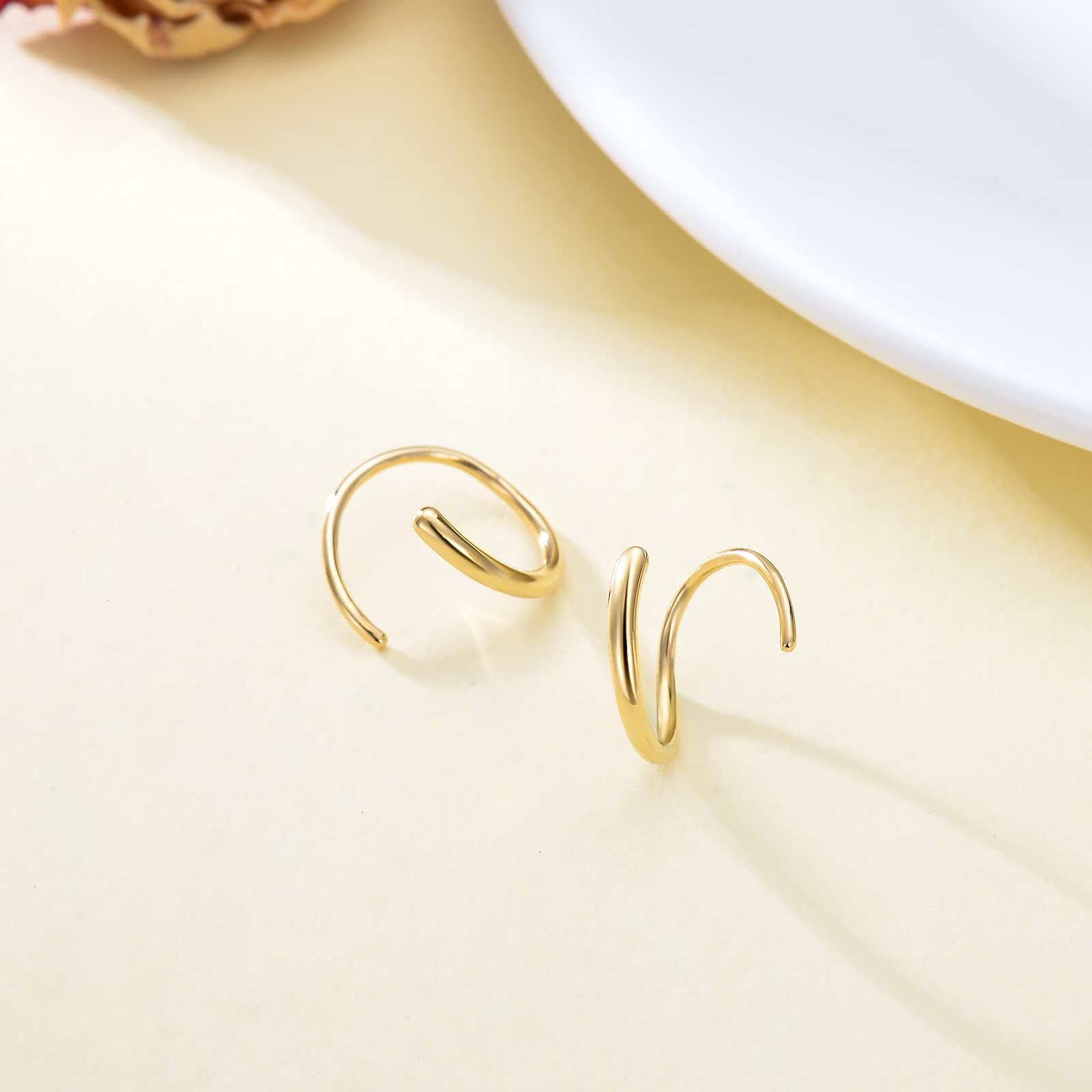 ELFRONT 14K Gold Swirl Hoop Earrings Spiral Pull Through Earrings Minimalist Tiny Cartilage Wrap Earrings Dainty Jewelry Gift for Women
