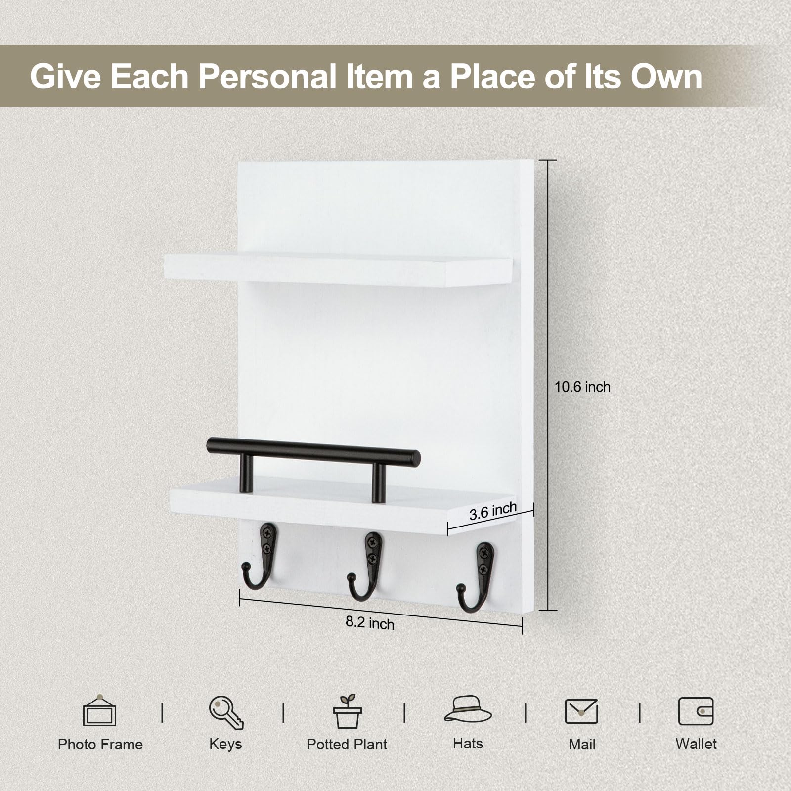 Lucundm Key Holder Wall Mount, Mail Shelf Decor with 3 Key Hooks, Versatile Wood Wall Organizer for Entryway Hallway (8.2” x 10.6”x 3.6”) (White)