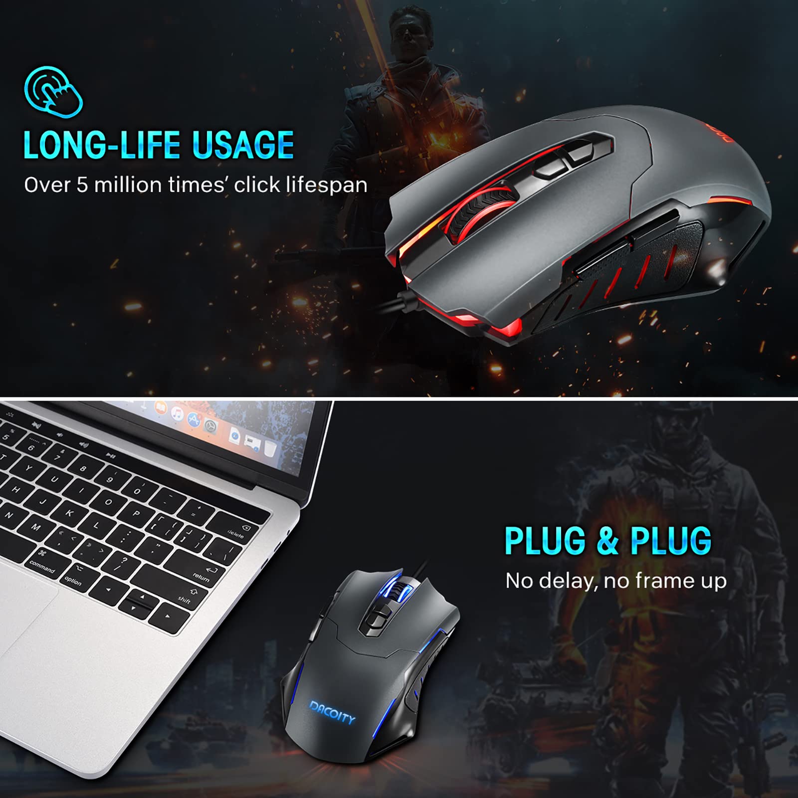 Dacoity Wired Gaming Mouse, PC Gaming Mice Gamer Mouse [RGB LED][7200 DPI][7 Programmable Buttons][Plug Play] USB Ergonomic Mouse for Windows Mac Laptop PC Gamers - Grey