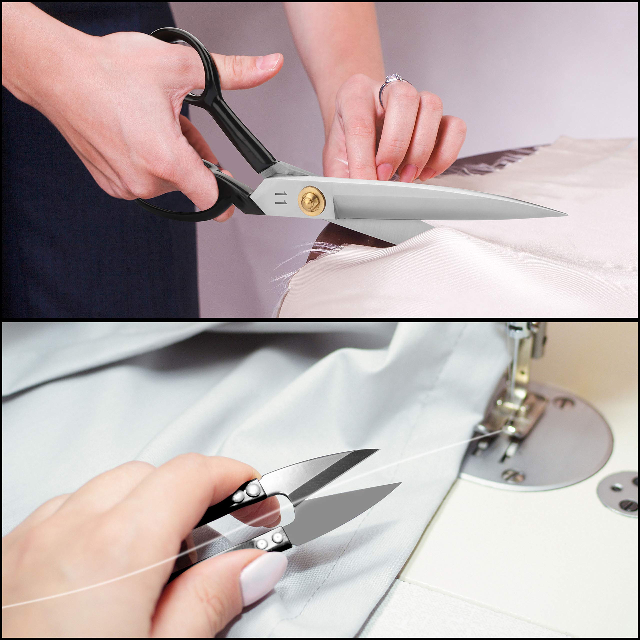 Handi Stitch Fabric Tailor Scissors and Thread Snipper β 11 Inch Razor Sharp Stainless Steel for Sewing, Dressmaking & Knitting Needs β Durable Black Shears for Cutting Denim, Leather & More