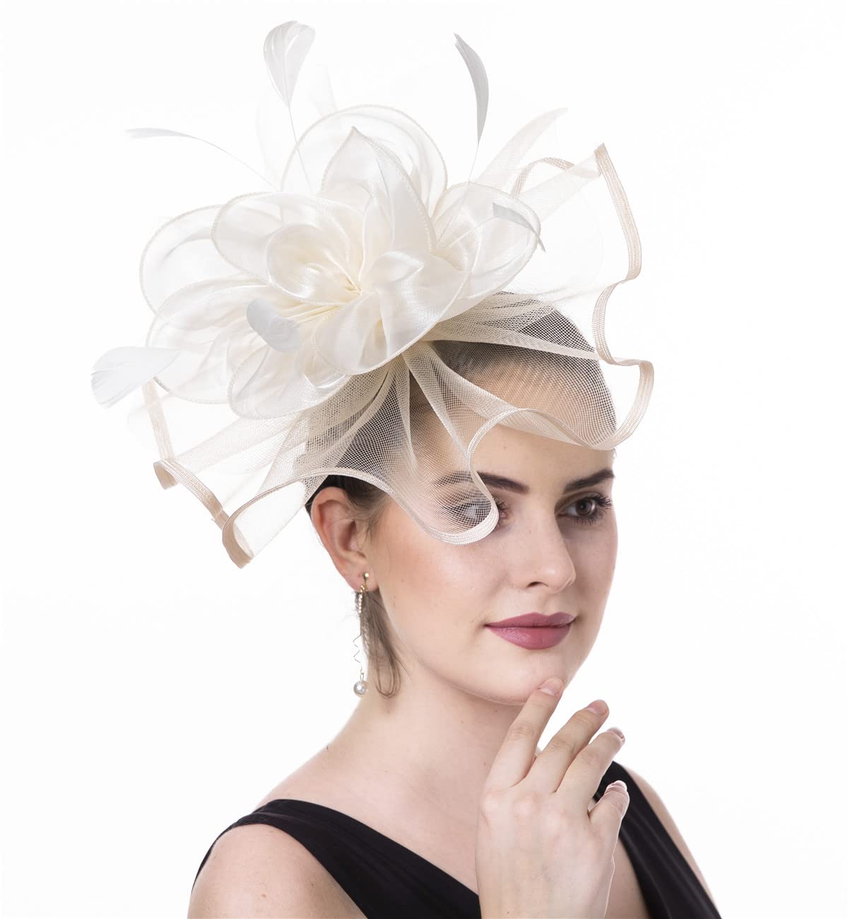 Fascinator Women's Organza Church Kentucky Derby British Bridal Tea Party Wedding Hat Summer Ruffle Hat, Medium(HJ2-Beige Flower)