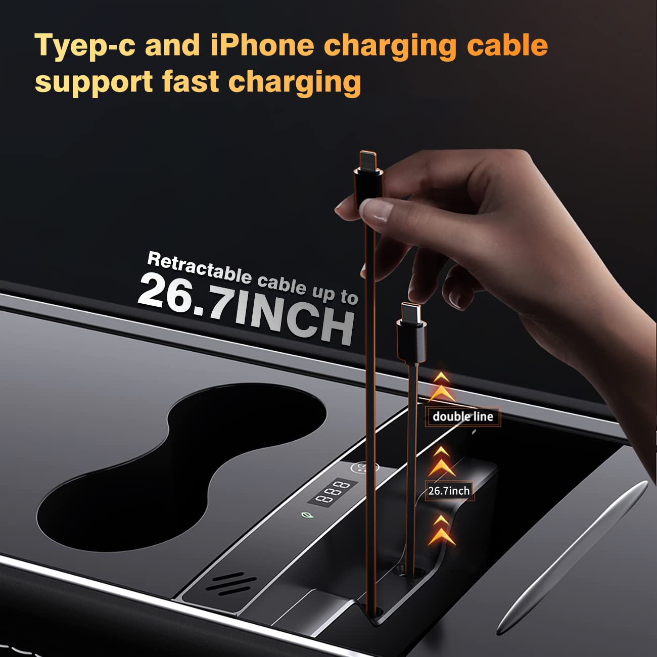 Militwo for 2021 2022 Tesla Model 3/Y Accessories | Tesla USB Hub Fit Center Console Adapter, USB Hub Docking Station with Tyep-c and iPhone Charging Cable Supports Fast Charging Stretchable