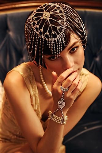 Coucoland 1920s Flapper Bracelet Ring Set Roaring 20s The Great Gatsby Austrian Crystals Imitation Pearl Bracelet Accessory (Silver)