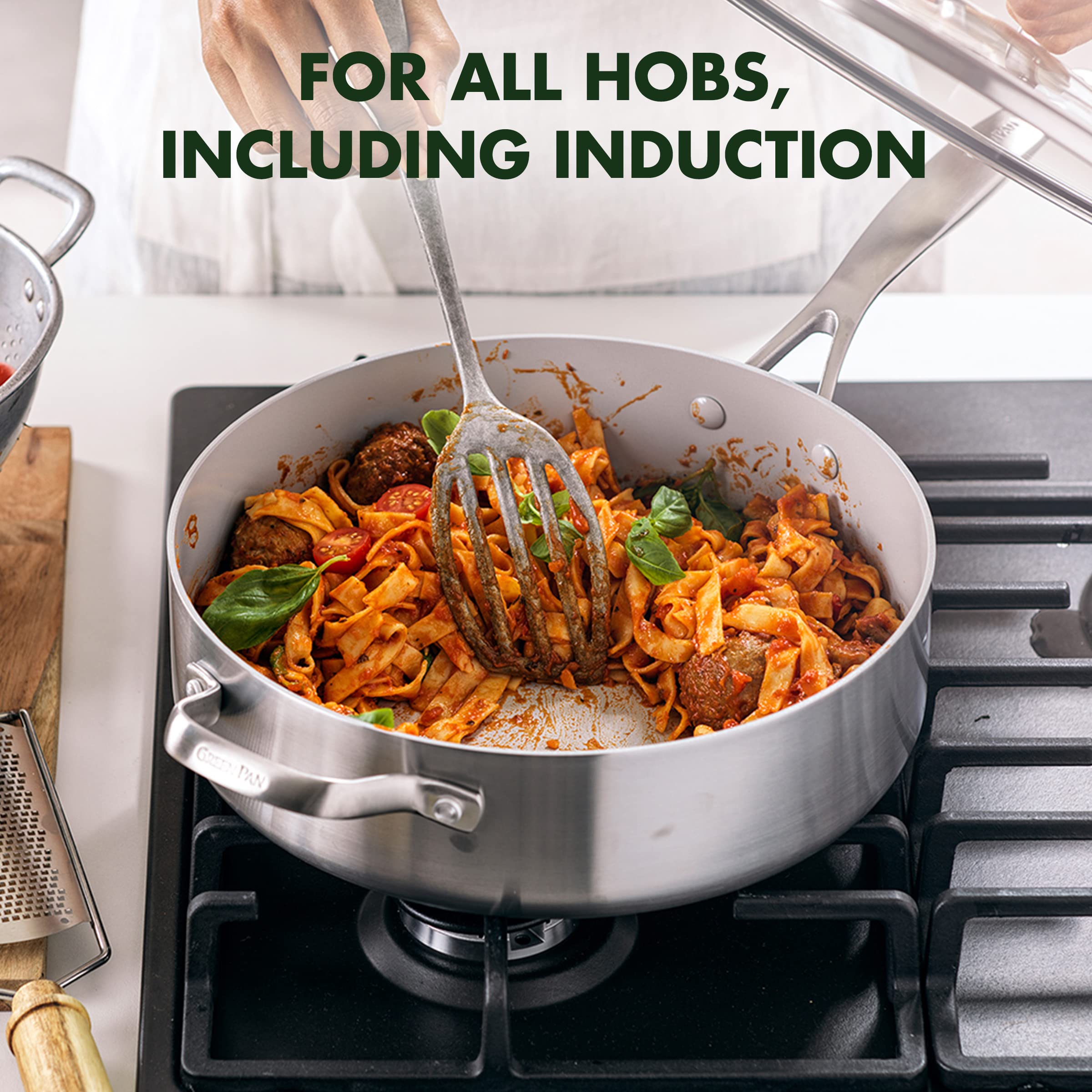 GreenPan Venice Pro Tri-Ply Stainless Steel Healthy Ceramic Nonstick 5QT Saute Pan Jumbo Cooker with Helper Handle and Lid, PFAS-Free, Multi Clad, Induction, Dishwasher Safe, Oven Safe, Silver
