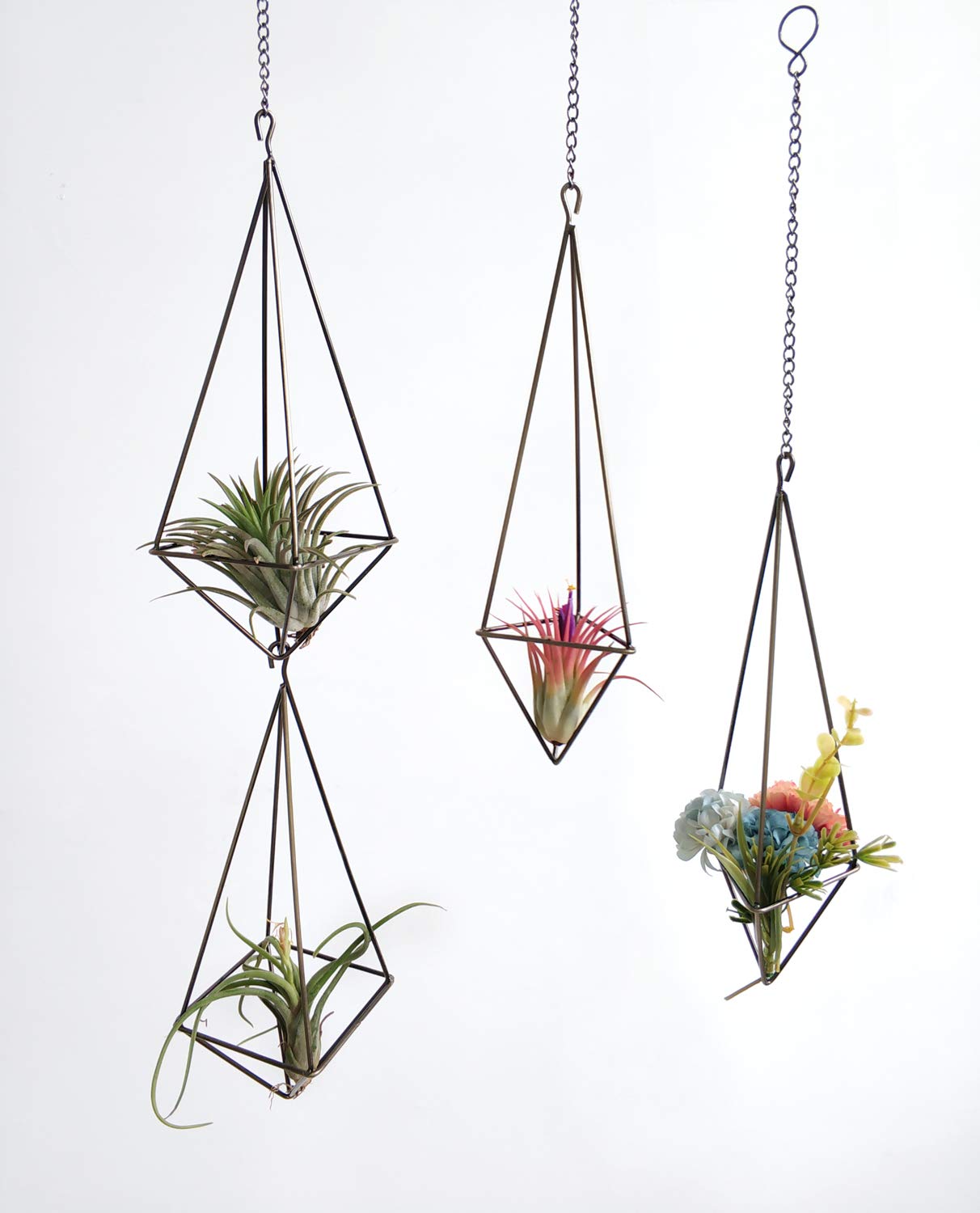 Dahey Hanging Air Plant Holder Unique Tillandsia Hanger Display Himmeli Geometric Planter with Chains Metal Airplant Rack for Indoor Home Decor, 4 Pack, 2 Sizes, Bronze
