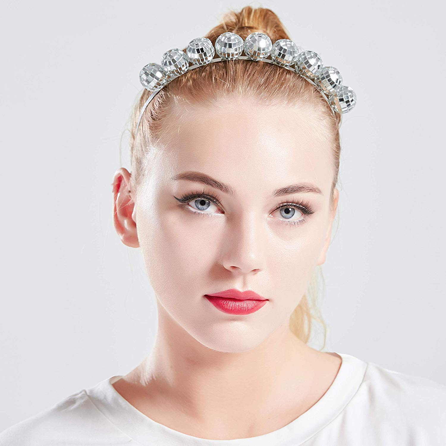 Coucoland Vintage Disco Ball Headband 1970s Disco Costume Headpiece for Disco Party (Silver)
