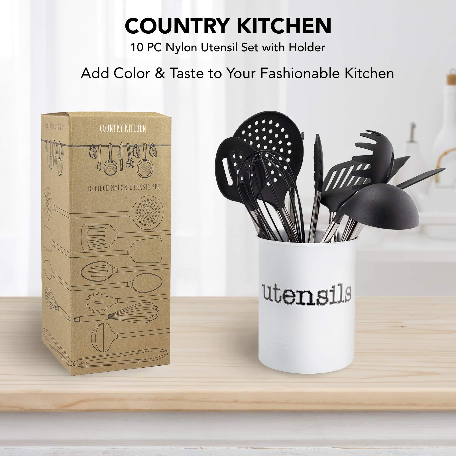 Country Kitchen 10 Piece Nylon Cooking Utensil Set with Holder, Kitchen Tools and Gadgets with Rounded Gunmetal Handles - Black