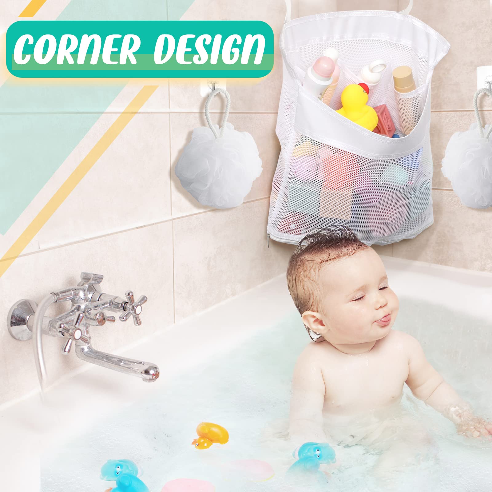 Fypxd Bath toy storage,Bath Toy Organizer,Large Capacity,Quick Drying, Bottom Zipper Bathtub Toy Storage Bag,Corner Hang-Suspension Bath Toy Holder (White)