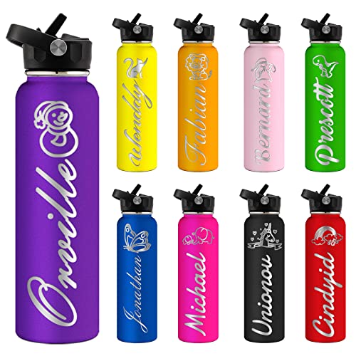 Personalized Water Bottles Customized Insulated with Straw Cover 24oz Leak Proof Custom Stainless Steel Thermos for School Sports