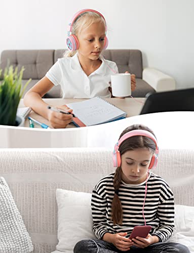 New bee Kids Headphones for School with Microphone KH20 Wired HD Stereo Safe Volume Limited 85dB/94dB Foldable Lightweight On-Ear Headphone for Girl/Mac/Android/Kindle/Tablet/Pad (Pink)