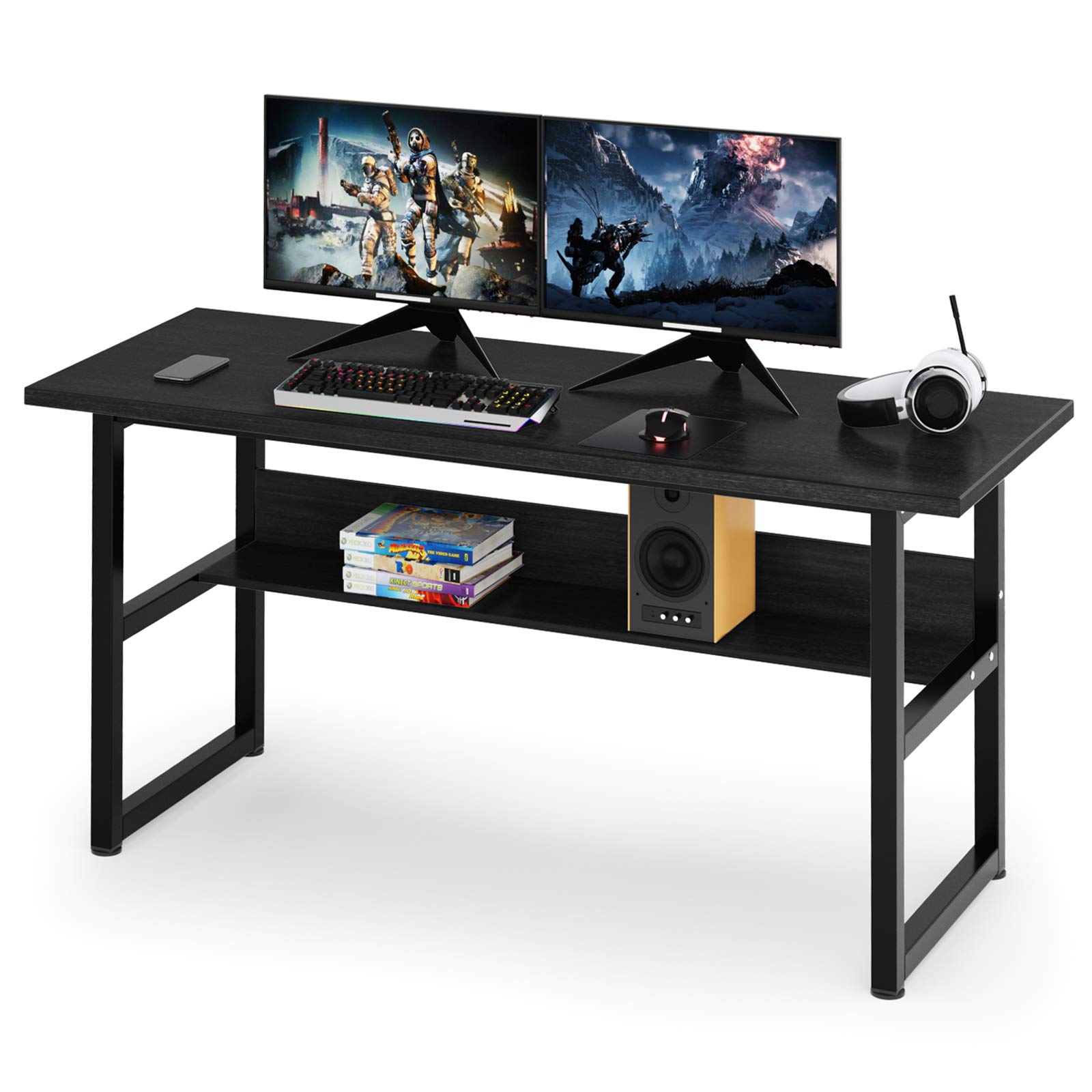 DEWEL Computer Desk with Bookshelf 63inch Writing Desk Home Office Desk with Storage Shelf Large Gaming Table Corner Workstation for Bedroom Simple Style Easy Assembly(63 inch Black Walnut)