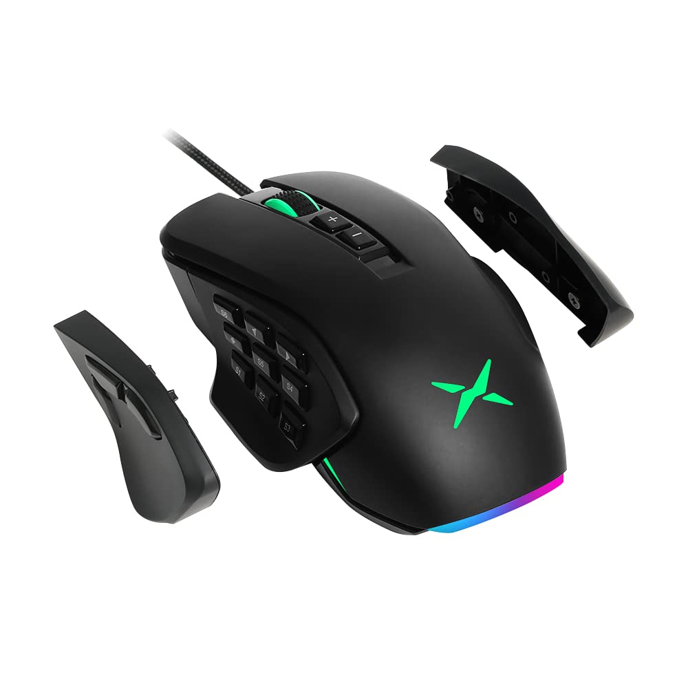 DeLUX Wired MMO Gaming Mouse with 4 Interchangeable Side Plates, 12400DPI, 14 Programmable Buttons, RGB Light, 1000Hz Report Rate, Pro Ergonomic Gamer Mouse for PC Computer Laptop (M631-Black)