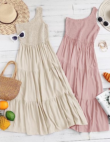 ZESICA Women's 2023 Bohemian Summer Floral Print One Shoulder Sleeveless Smocked Ruffle Tiered Beach Long Midi Dress,Beige,Large