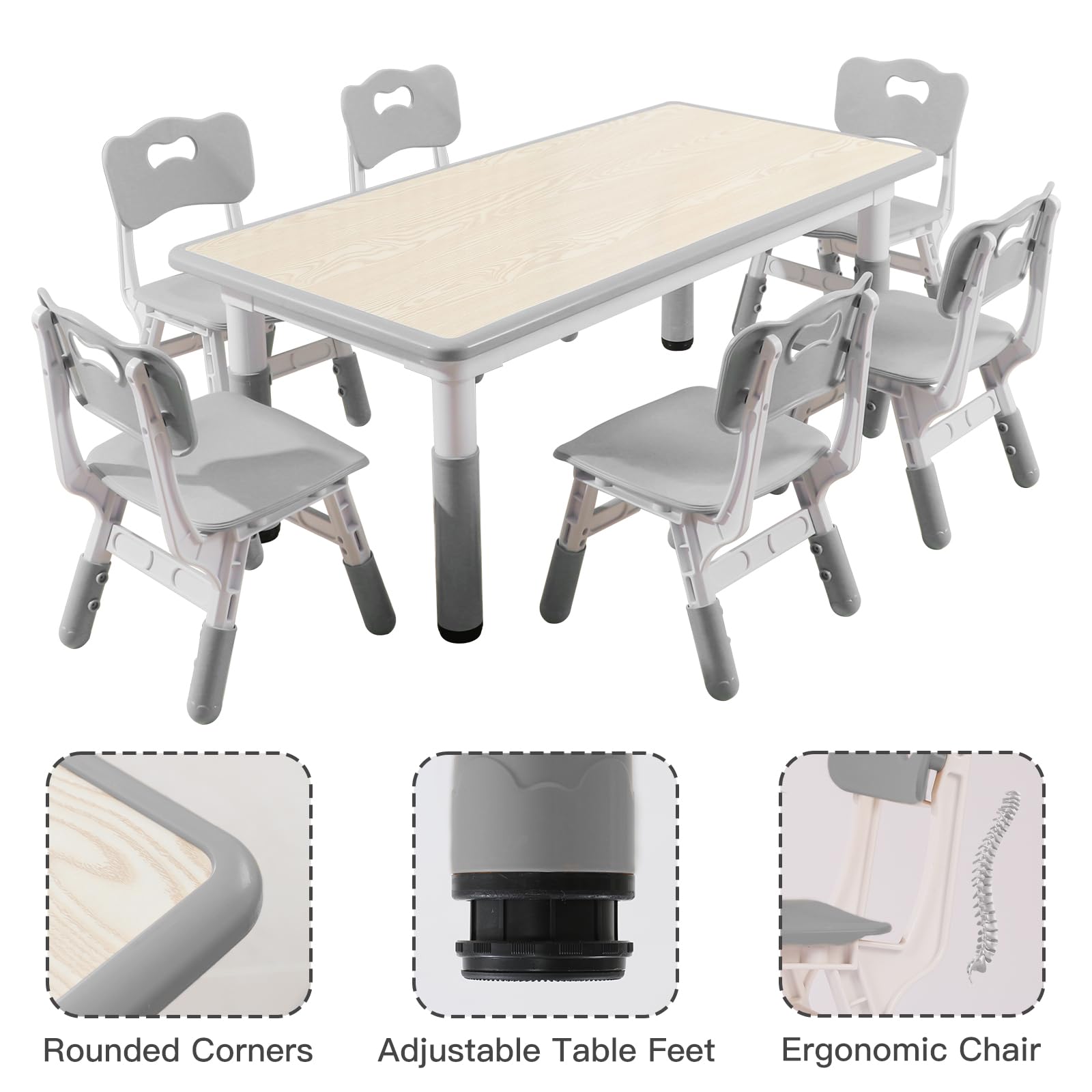 LulliSpace, Height Adjustable, Kids Set with Graffiti Desktop,Toddlers Activity Table for Daycares,Homes,Classroom,Eco-Friendly, and Stylish Design, 6 Chairs, Gray