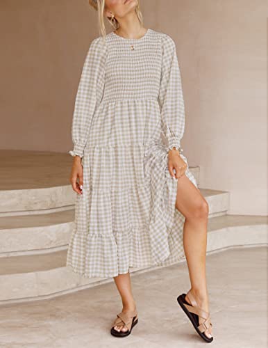 ZESICA Women's Casual Plaid Crew Neck Long Puff Sleeve Elastic Waist Smocked Flowy Tiered Midi Dress,Beige,Medium