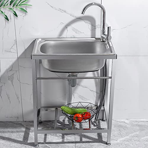 Stainless sink,single bowl kitchen sinks,stainless steel utility sink,Thickened stainless steel single sink with stainless steel bracket and 360° swivel faucet, suitable for garage, kitchen, (Color :