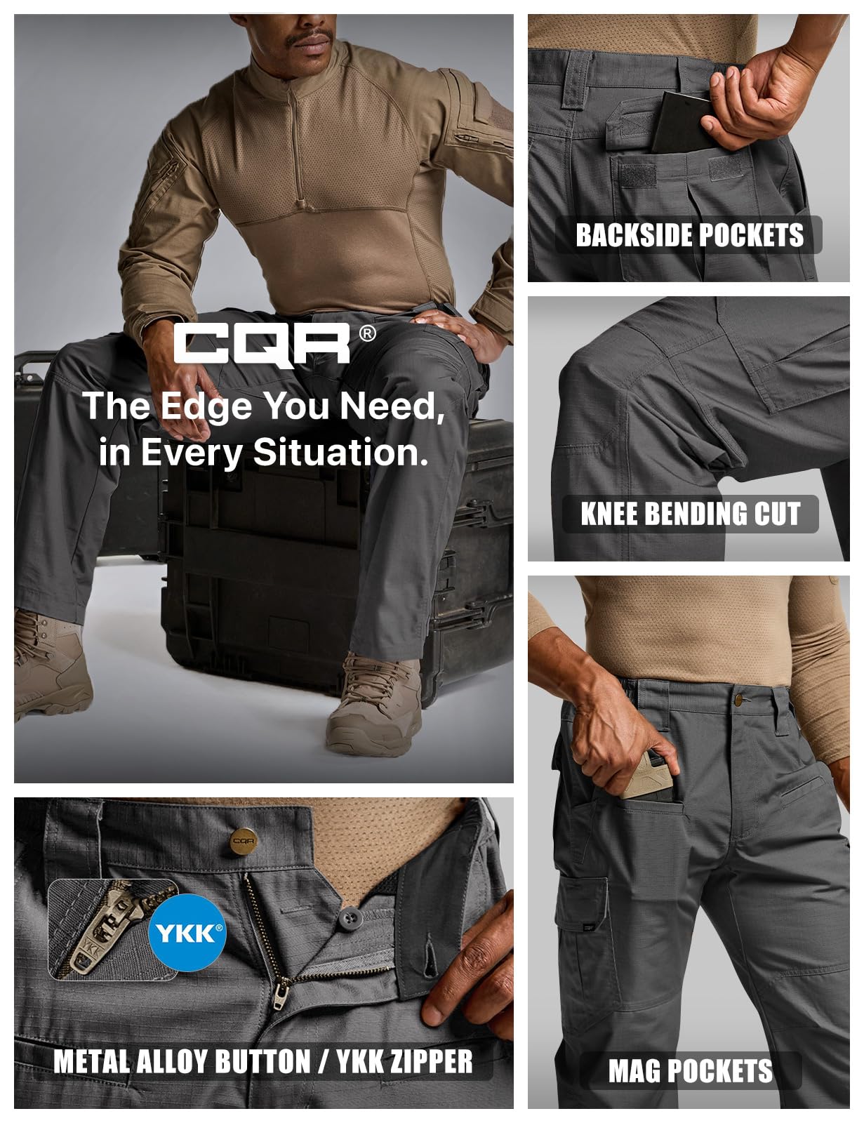 CQR Men's Tactical Pants, Water Resistant Ripstop Cargo Pants, Lightweight EDC Work Hiking Pants, Outdoor Apparel, Ripstop Mag Pocket Charcoal, 34W x 30L