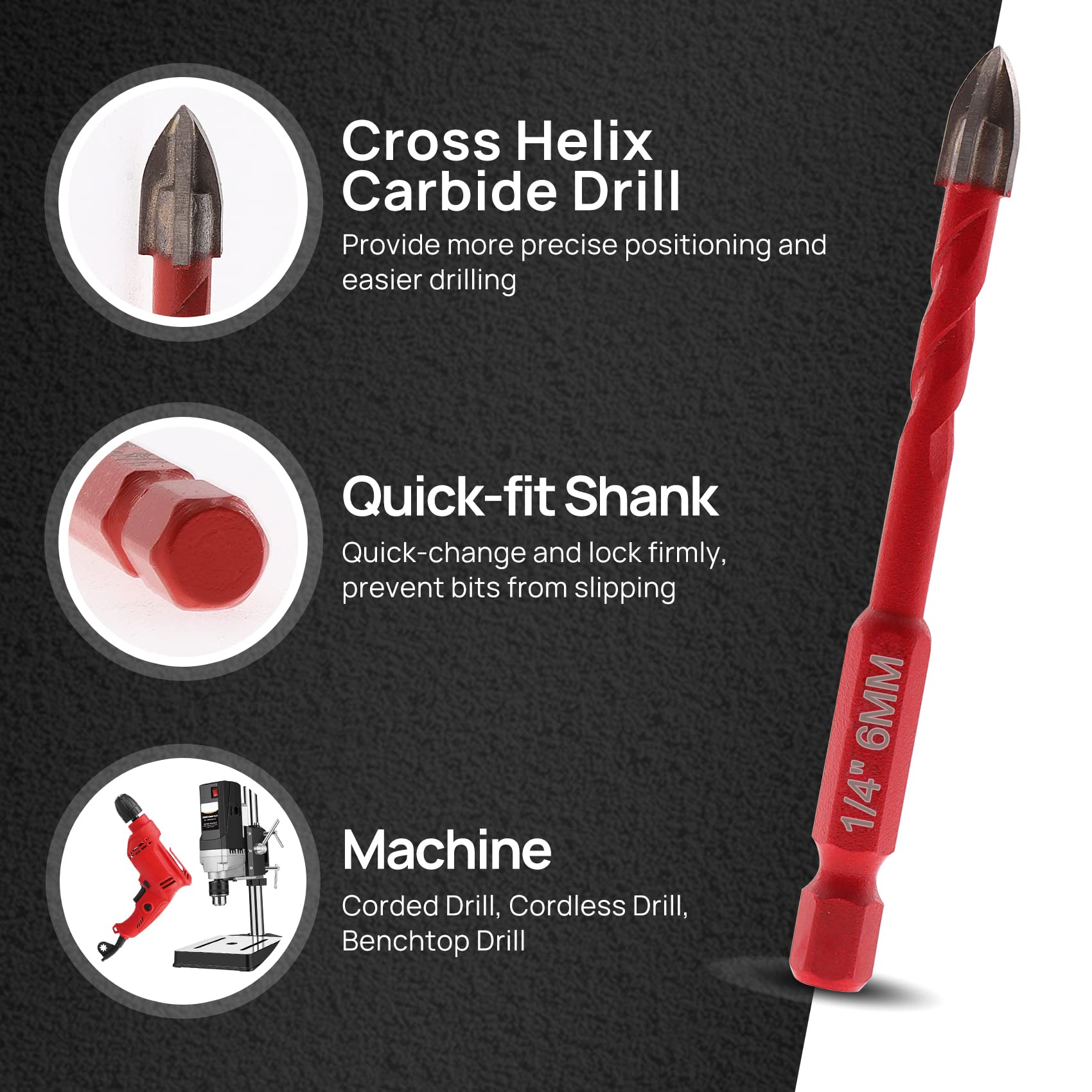 Dry Diamond Drill Bits Set - FOCSTOL 4pcs 6/8/10/12mm Diamond Hole Saw & 1pc 6mm Carbide Drill with Quick Change Hex Shank for Ceramic Porcelain Tile Marble Granite Quartz