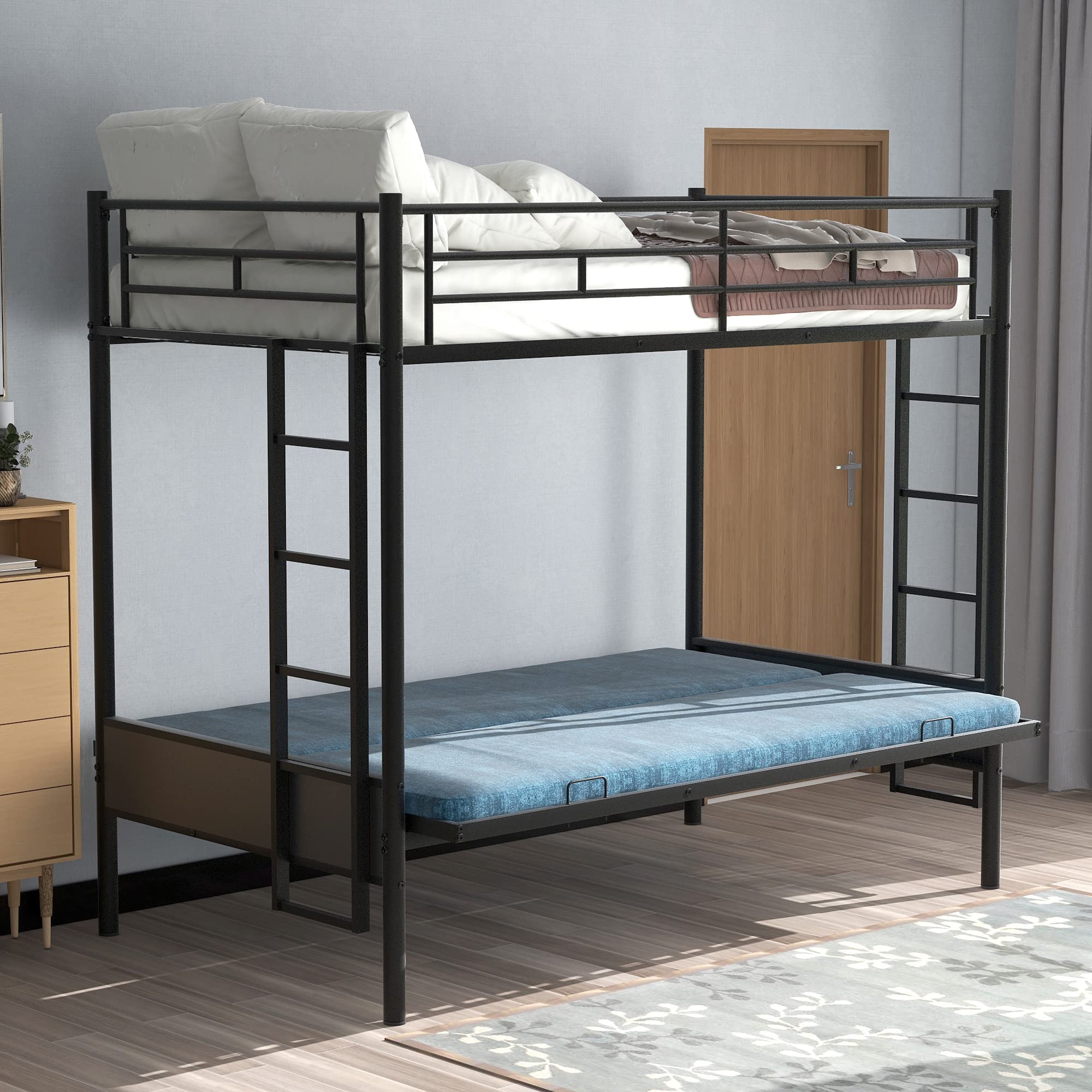 SOFTSEA Twin Over Full Metal Bunk Bed Industrial Style Twin Over Futon Bunk Bed for Kids (Futon Bunk)