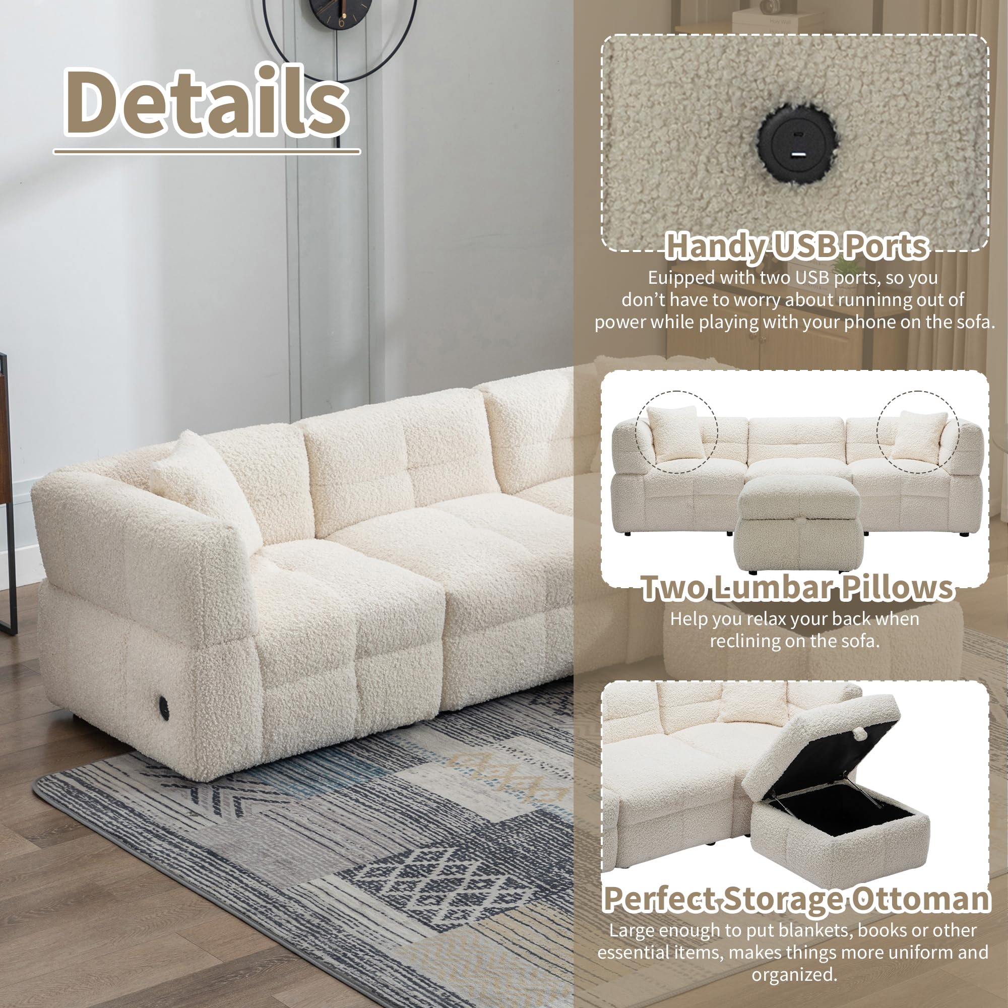 LUMISOL Large Sectional Sofa with Movable Storage Ottoman and 2 USB Ports, Teddy Fleece Fabric Sectional Sofa Couch with Lumbar Pillows, L-Shaped Sofa Couch for Living Room Apartments, Creamy White