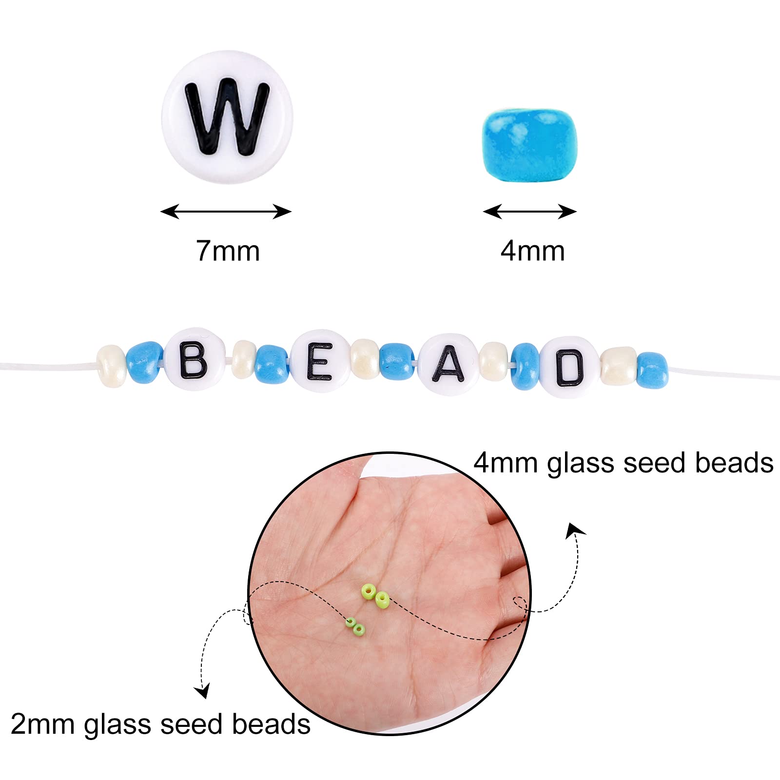 DICOBD Beads Kit for Bracelets, 6000pcs 4mm Glass Seed Beads and 1200pcs Letter Beads with 2 Rolls of Cord for Bracelets Necklaces and Key Chains Making