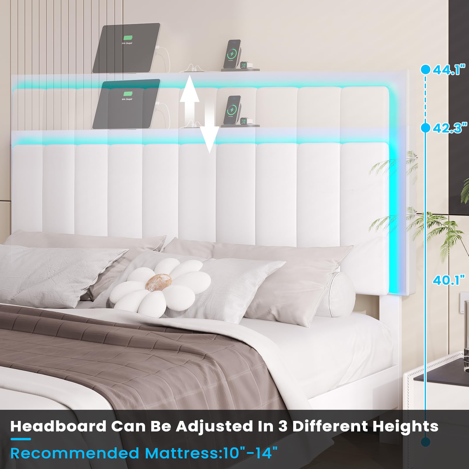 DICTAC Bed Frame King Size with Led Lights and USB Ports Modern King Size Upholstered Platform Bed Frame with Adjustable Headboard Faux Leather Led King Bed Frame,No Noise,No Box Spring Needed, Black