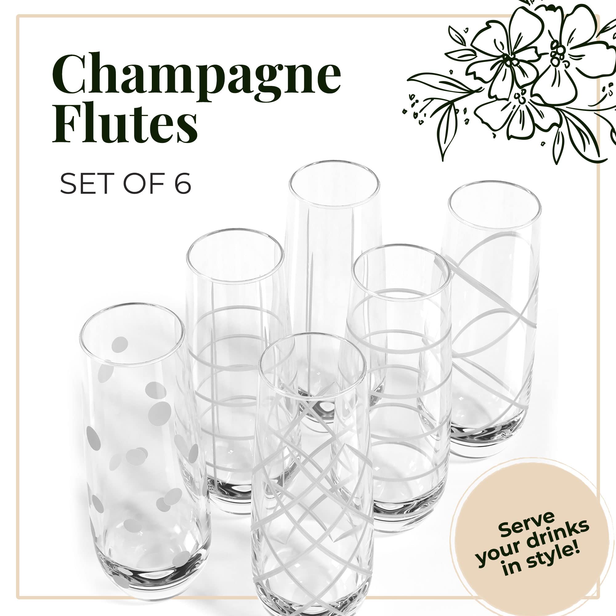 Fifth Avenue Crystal Medallion Stemless Champagne Flutes, Durable Glass, Mimosa, Cocktail Glasses Set, Prosecco Wine Flute, Bar Glassware, Toasting Wedding Glasses, Set of 6, Etched Patterns, 9.5oz