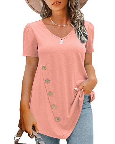 Summer Tops for Women Short Sleeve Shirts V Neck Loose Casual Tunic Plain Tees