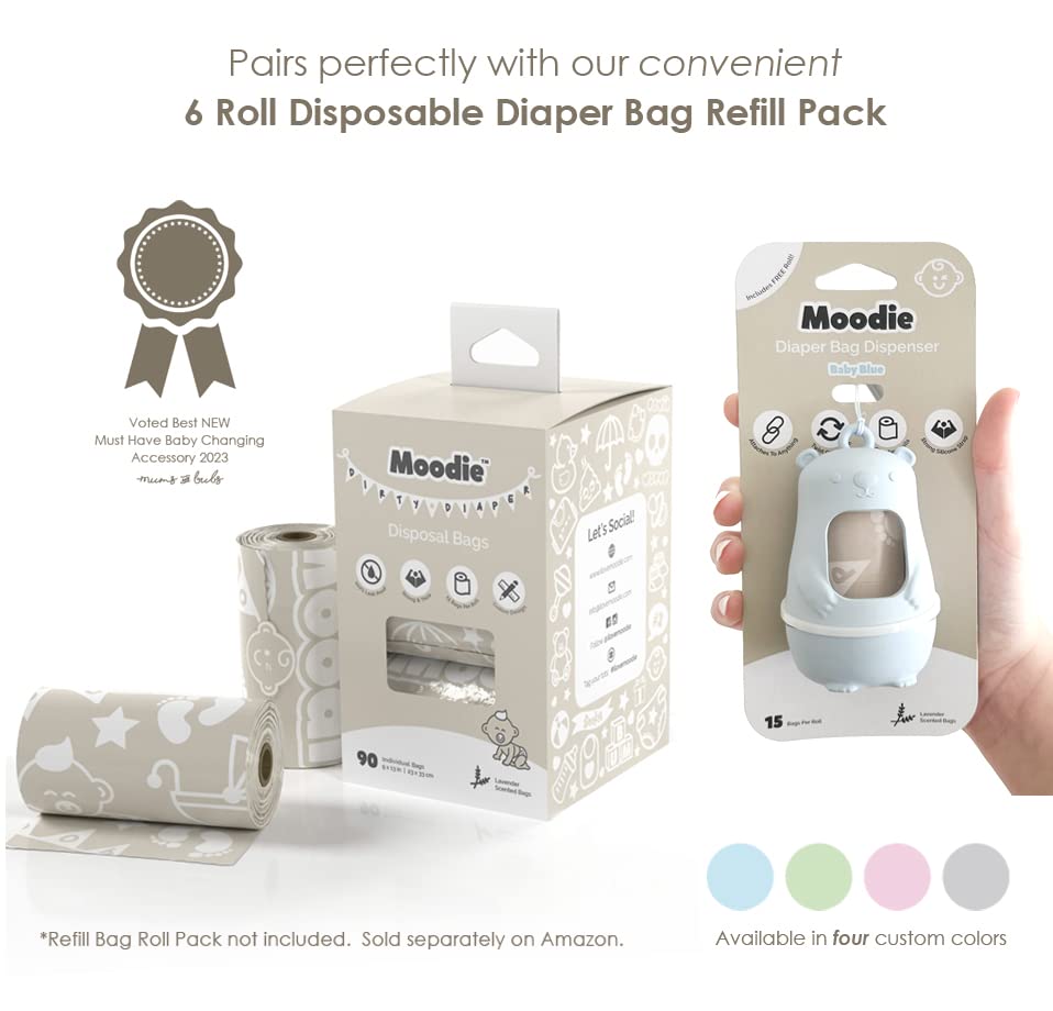 NEW Moodie Teddy Bear Diaper Bag Dispenser | Diaper Bag on the Go Dispenser w/Silicon Strap |15 LAVENDER SCENTED Diaper Disposal Bags per Roll | Diaper bag essential items (BABY BLUE)