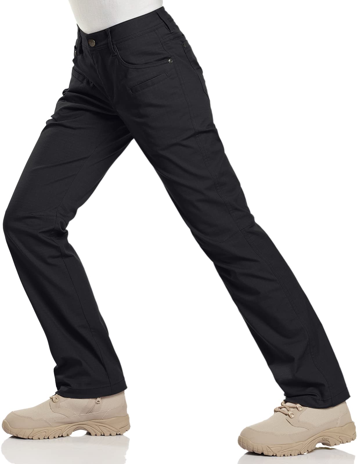 CQR Women's Flex Stretch Tactical Pants, Outdoor Hiking Pants with Pockets, Water Resistant Ripstop Work Pants, Flexy Stratight Black, 16