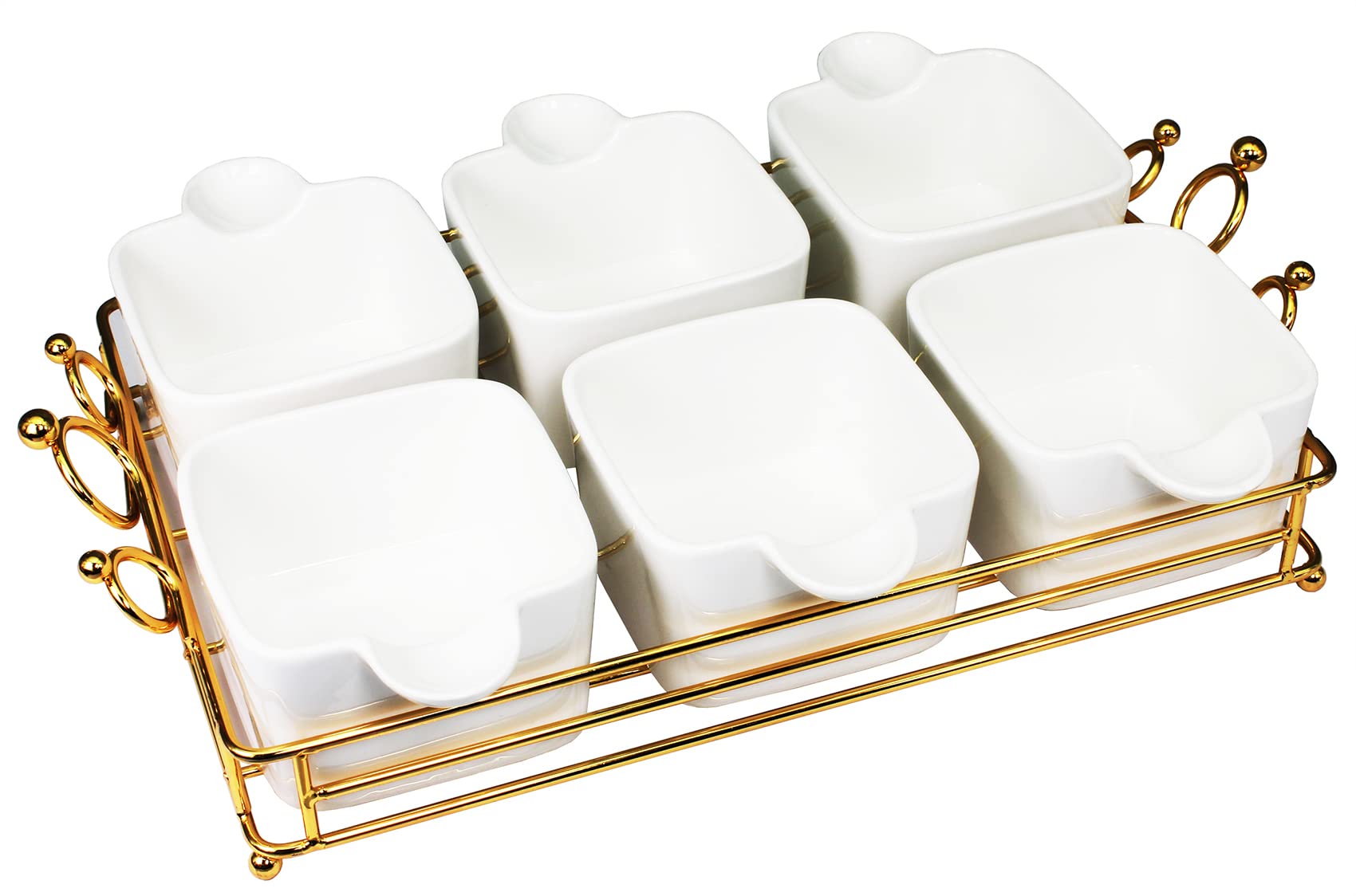 Creativity Home Ceramic With Handle Bowl Metal Tray, 6 Removable dip bowls are used for appetizers, potato chips, fruits, candies, and condiments,birthday parties Holiday, White 6- grid