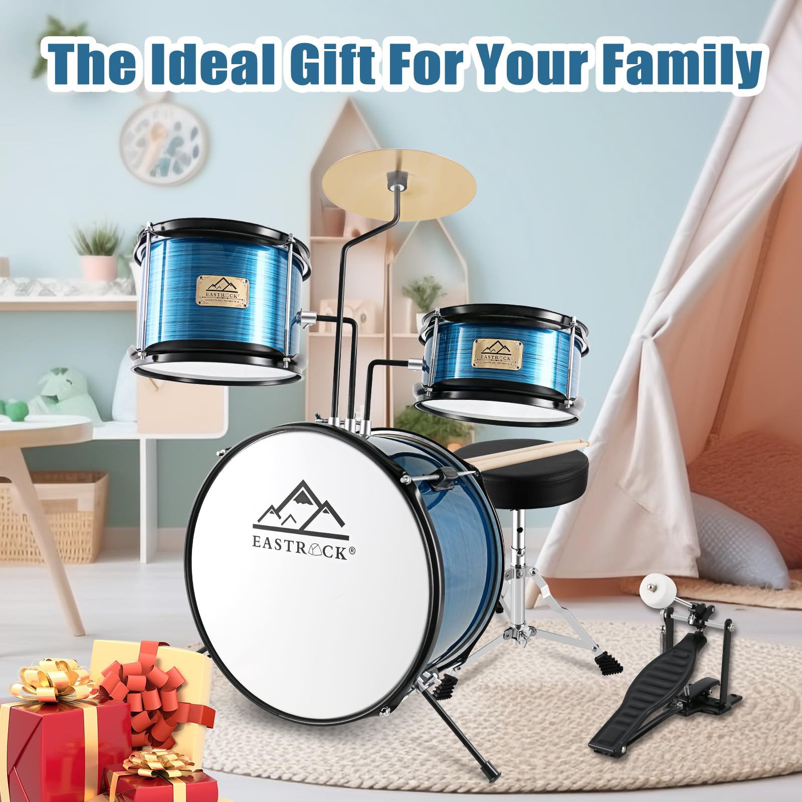 EASTROCK Kids Drum Set, 3 Piece 13'' Junior Drum sets for Drummer,Beginner, Drum Set with Adjustable Throne,Cymbal,Pedal,Drumsticks(Green)