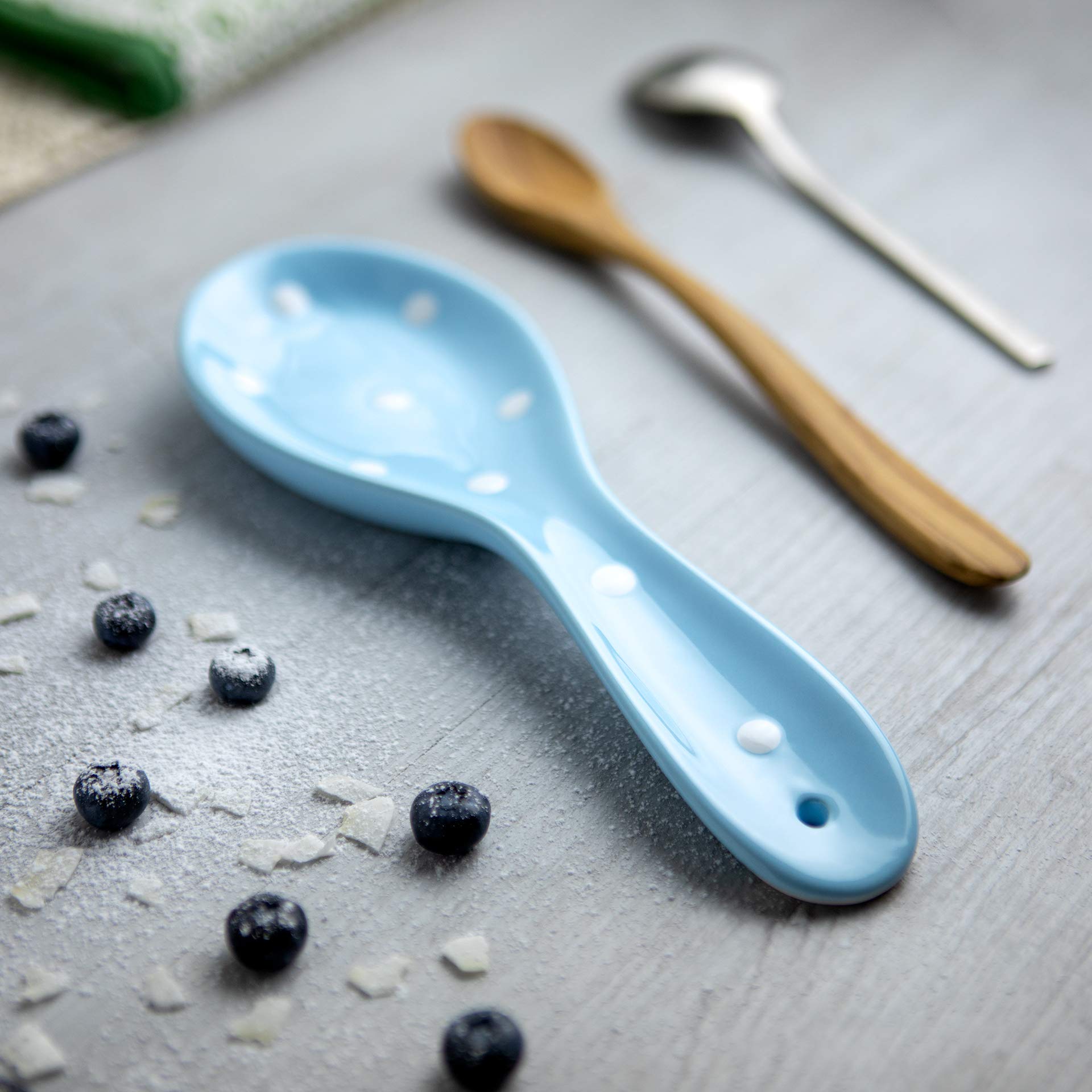 Handmade Light Sky Blue and White Polka Dot Ceramic Kitchen Cooking Spoon Rest | Pottery Utensil Holder | Housewarming Gift by City to CottageĀ®