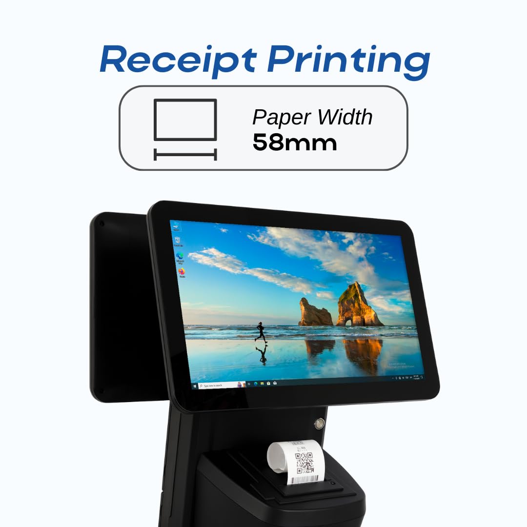 Multzo All in One Point of Sale M9W with 15.6'' Dual Touch Screen. Windows 10 OS and an i3 Processor. Touch Pos with 58mm Thermal Printer for Receipts Wi-fi, 4GB RAM and 64GB ROM. (Black)