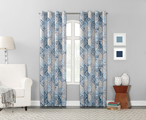 Sun Zero Reardon Global Medallion Print Energy Efficient Grommet Curtain Panel, 54" x 84", Indigo