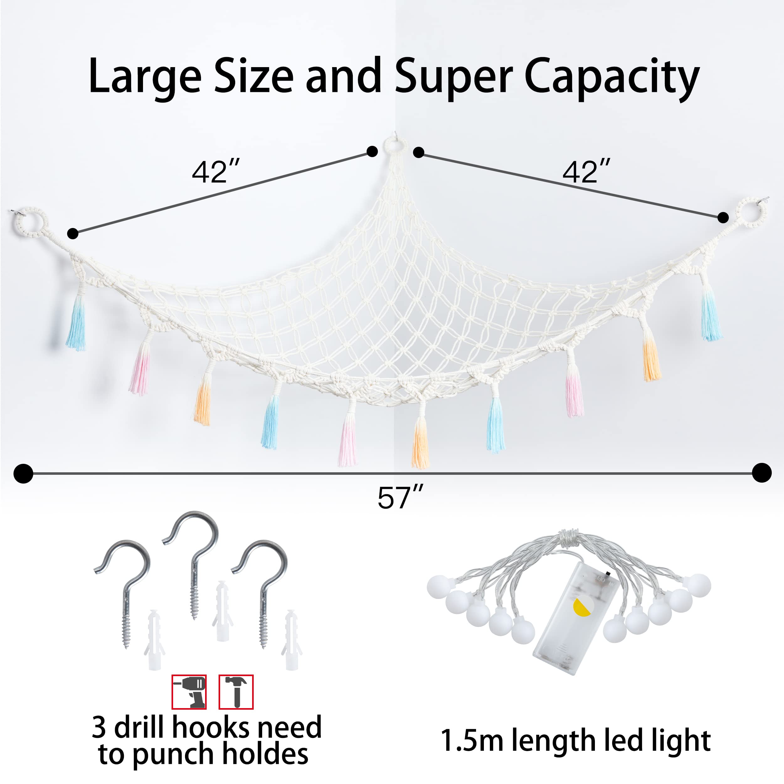 Stuffed Animal Net or Hammock with Light,Yewiwin Macrame Hanging Net Hammock for Stuffed Animal Toy Storage Organizer Boho Decor Room Holder for Nursery Play Room Bedroom (Beige)
