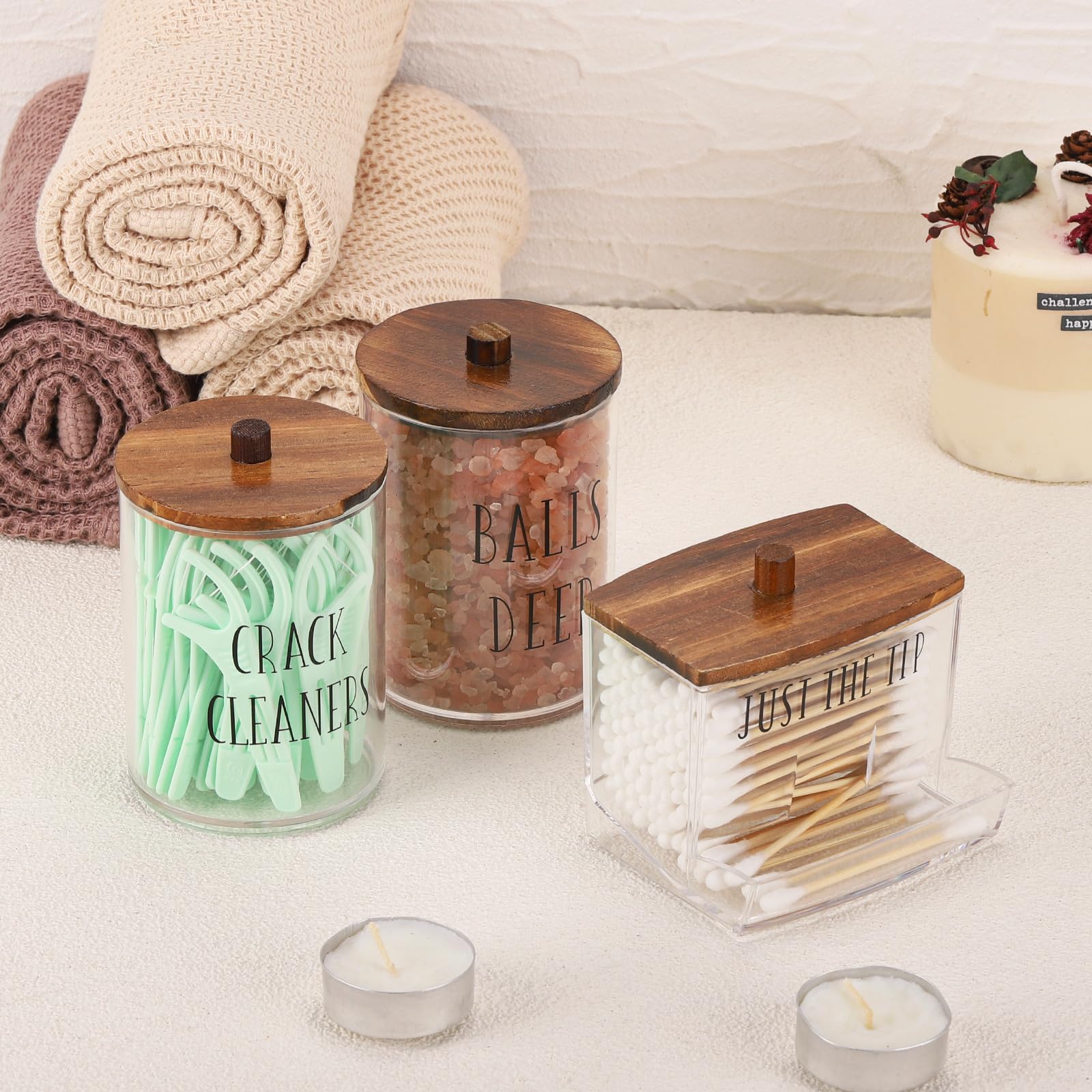 Tbestmax Qtips Holder Dispenser, 10/7 oz Bathroom Container for Cotton Ball Cotton Swabs, Apothecary Jar Organizer for Storage(Wood Lids)
